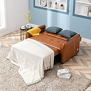 XD Designs PU Leather Convertible Sleeper Sofa Bed, Modern Multi-Function Pull Out Couch with Hardwood Frame, Adjustable Oversized Armchair with Dual USB Ports for Small Space (Brown + PU)