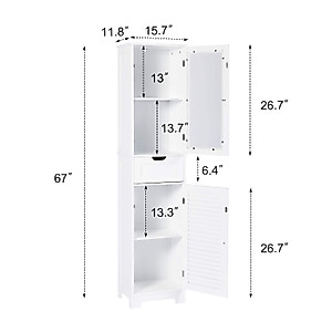 Kazila Bathroom Storage Floor Cabinet, Freestanding Wooden Storage Organizer with Glass Shutter Doors, 16 inchl x 12 inchw x 67 inchh, Ivory White
