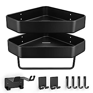 Corner Shower Caddy, 2-Pack Shower Organizer Shelf. Adhesive No Drilling Shower Rack, Rustproof Space Aluminium Shower Shelves for Bathroom Storage, with Towel Bar, Hair Dryer Holder and Hooks.
