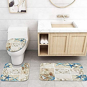 4 Piece Shower Curtain Sets, with 12 Hooks, Collage Beach Summer Seashells Sea Shell with Non-Slip Rugs, Toilet Lid Cover and Bath Mat, Durable and Waterproof, for Bathroom Decor Set, 72" x 72"