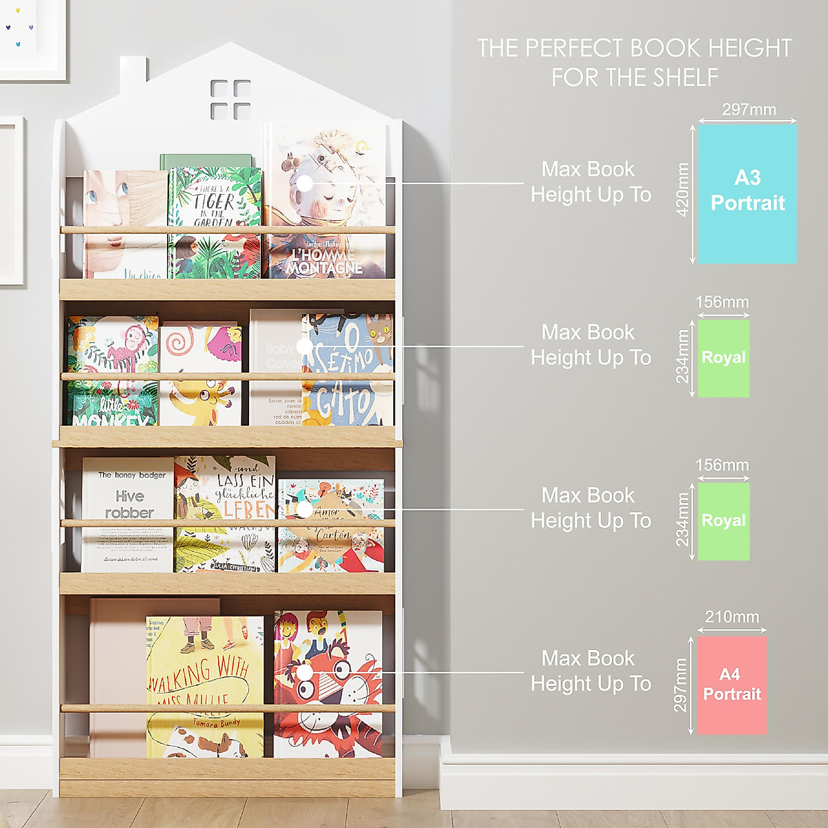 UTEX Kids Bookshelf Wall Mounted, 4-Tier Book Shelf Organizer, Tall Wooden Children's Bookcase, Storage Book Rack for Kids Room, Nursery, Bedroom, Living Room, White