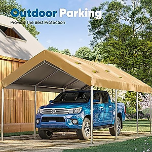 Quictent 10X20ft Heavy Duty Carport Car Canopy Galvanized Car Tent Outdoor Boat Shelter with Reinforced Steel Cables-Beige