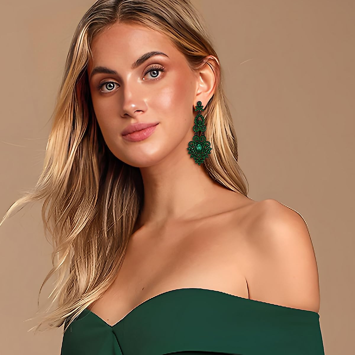 Flyonce Bridal Crystal Vintage Style Art Deco Chandelier Dangle Earrings for Women Green Black-Tone