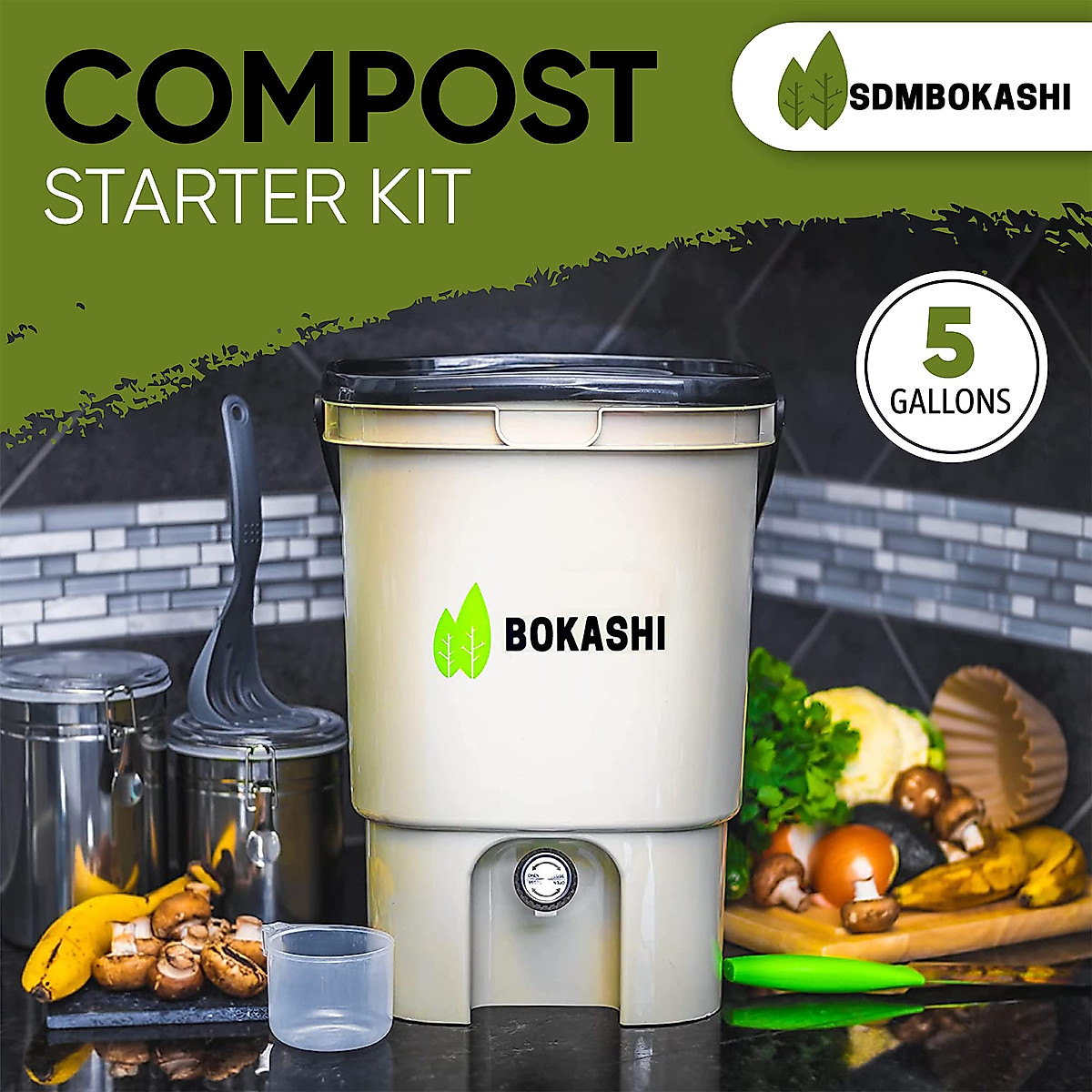 Bokashi Compost Starter Kit - 4.4 lb Organic Bokashi Compost Starter - 2 Airtight Bins, and Detailed Instructions. Attractive Bokashi Compost Bin. Bokashi Compost Bucket - (Black LID)