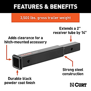 CURT 45795 14-Inch Long Trailer Hitch Extension for 2-Inch Receiver, 3,500 lbs, Gloss Black Powder Coat