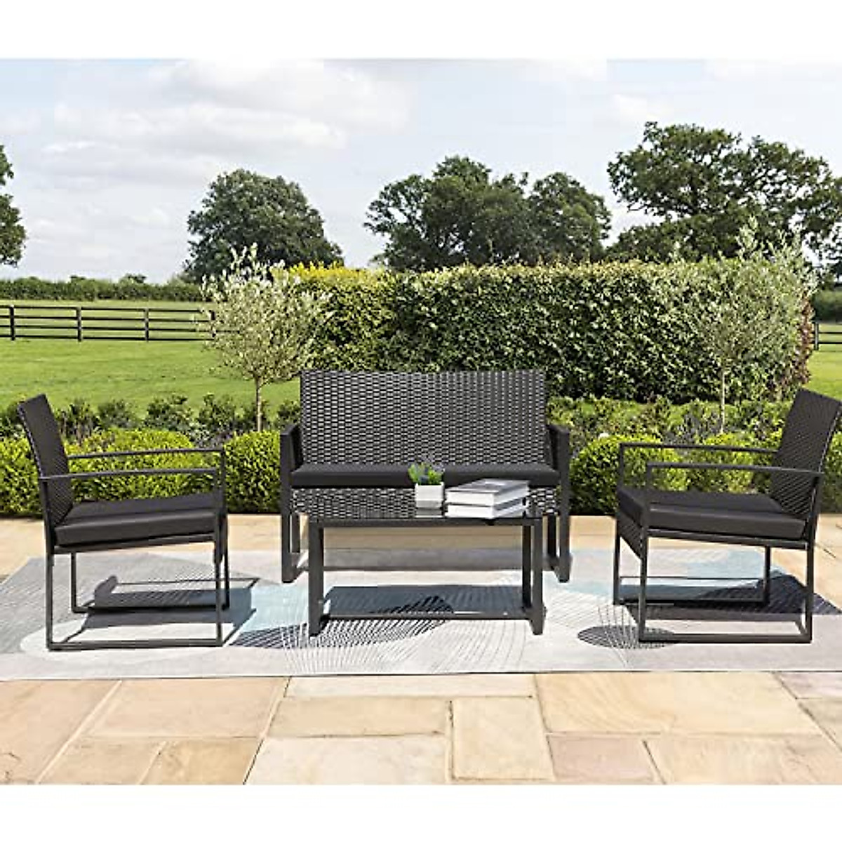 Flamaker 4 Piece Patio Furniture Outdoor Rattan Conversation Bistro Set with Cushion Porch Furniture Metal Patio Table and Chairs for Poolside, Backyard, Balcony (Black)