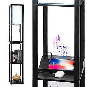 Touch Control Shelf Floor Lamp With QI Wireless Charging Station, Modern Dimmable LED Floor Lamps with Shelves, 2 Fast Charging USB Ports , Skinny Standing Floor Lamp for Living Room, Bedroom (Black)