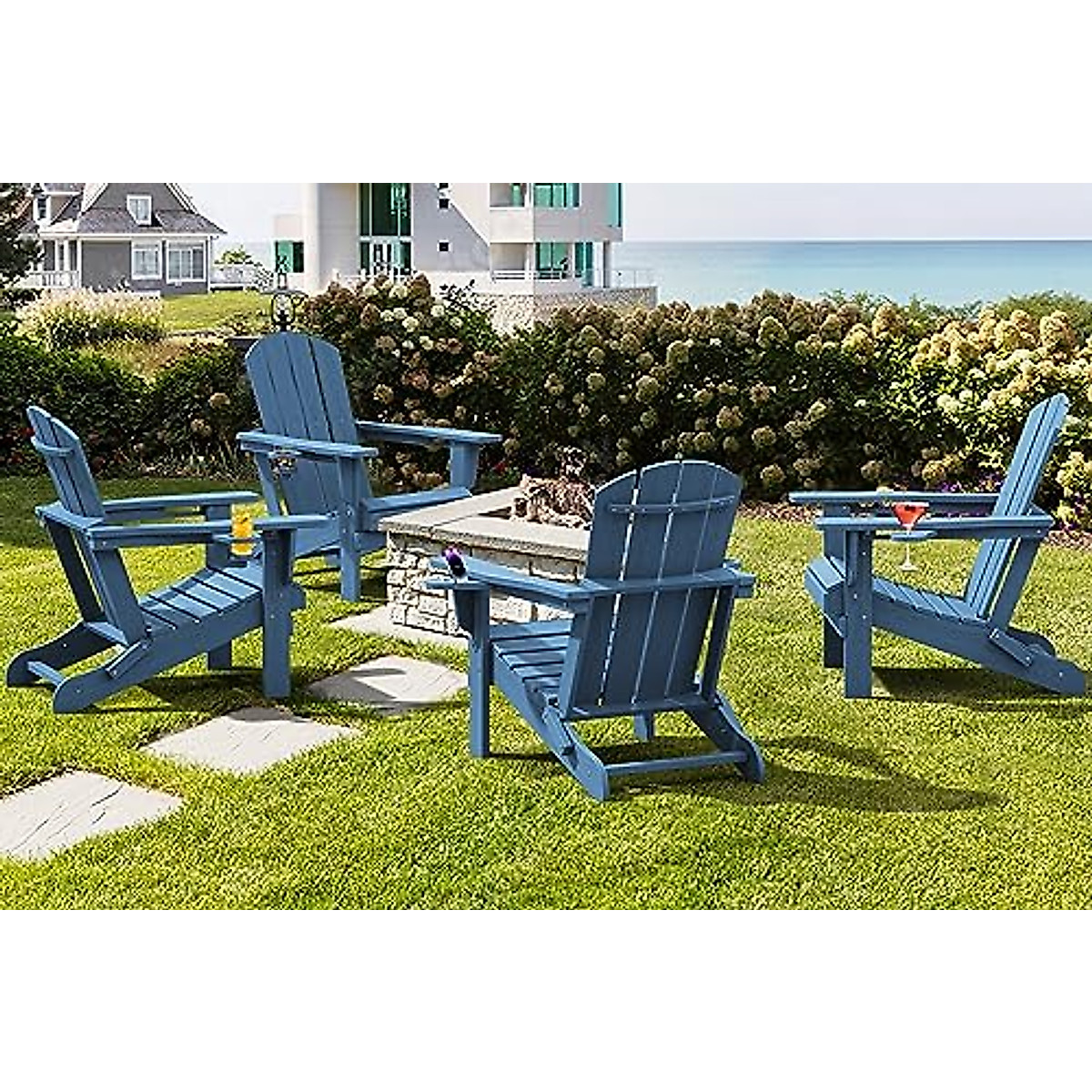 SERWALL Folding Adirondack Chair, HDPE Adirondack Chairs, Plastic Outdoor Chairs- Looks Exactly Like Real Wood- Navy