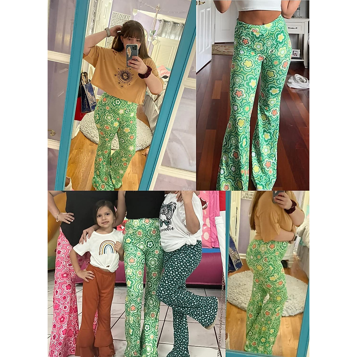 70s Flare Pants for Women - EDC Rave Festival Outfit High Waist Bell Bottom Boho Cute Groovy Disco Trousers(Green, M, 1050e)
