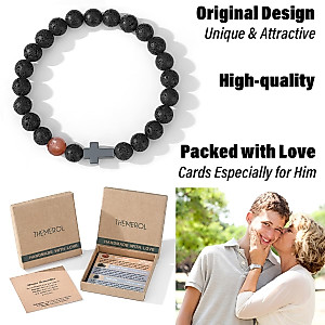 THEMEROL Easter Basket Stuffers Teen Boy Gifts Kids Cross Bracelet for Men Confirmation Black Beaded Christian Teenage 13 Year Old Boy Gifts Ideas Birthday Christmas Day Stocking Valentines