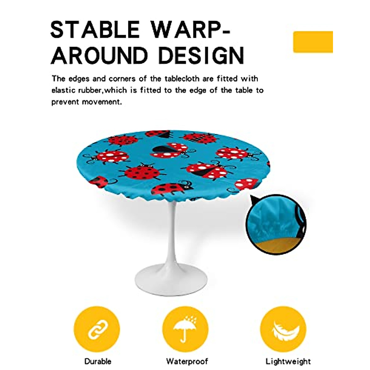 Elastic Fitted Tablecloth Waterproof Table Cloth Cute Ladybug Red Black Carapace Insect Dense Animal Blue Wipeable Round Table Cover for Outdoor Picnic Camping Party