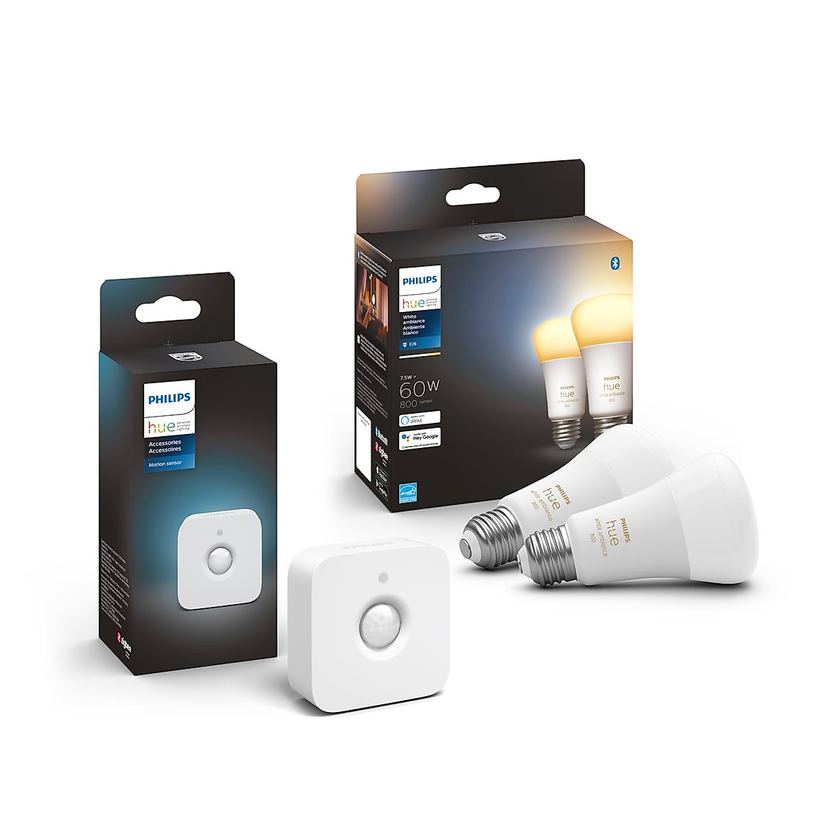 Philips Hue Motion Sensor + White Ambiance A19 LED Smart Bulb 2-Pack, Compatible with Alexa, Apple Homekit and Google Assistant, Bluetooth Compatible, Motion Sensor Requires Bridge