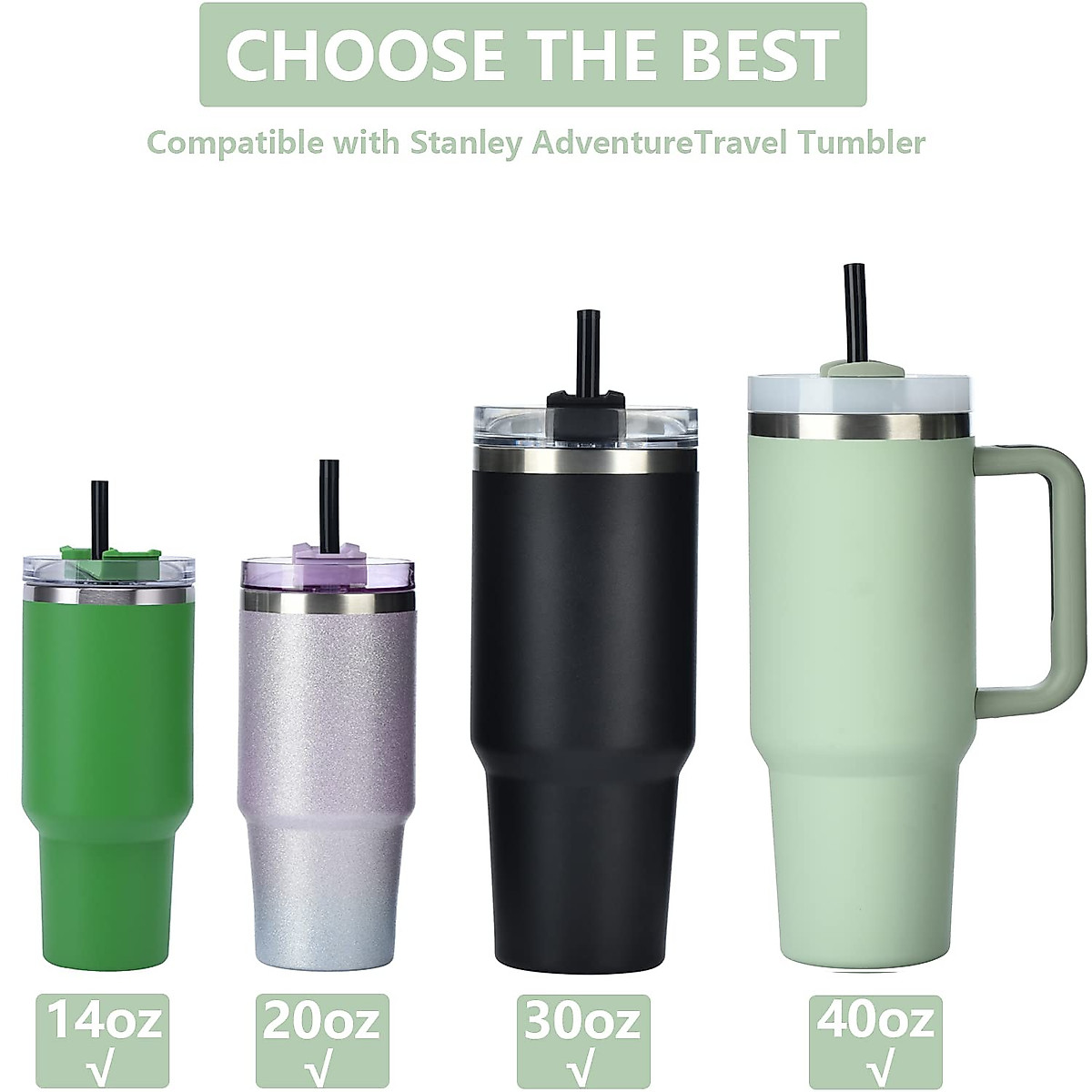 8 Pack Replacement Straws for 40 oz Stanley Adventure Travel Tumbler Cup, Reusable Straws Black Silicone Straws with Cleaning Brush, Compatible with 40oz 30oz 20oz 14oz Stanley Water Jug, 12inch