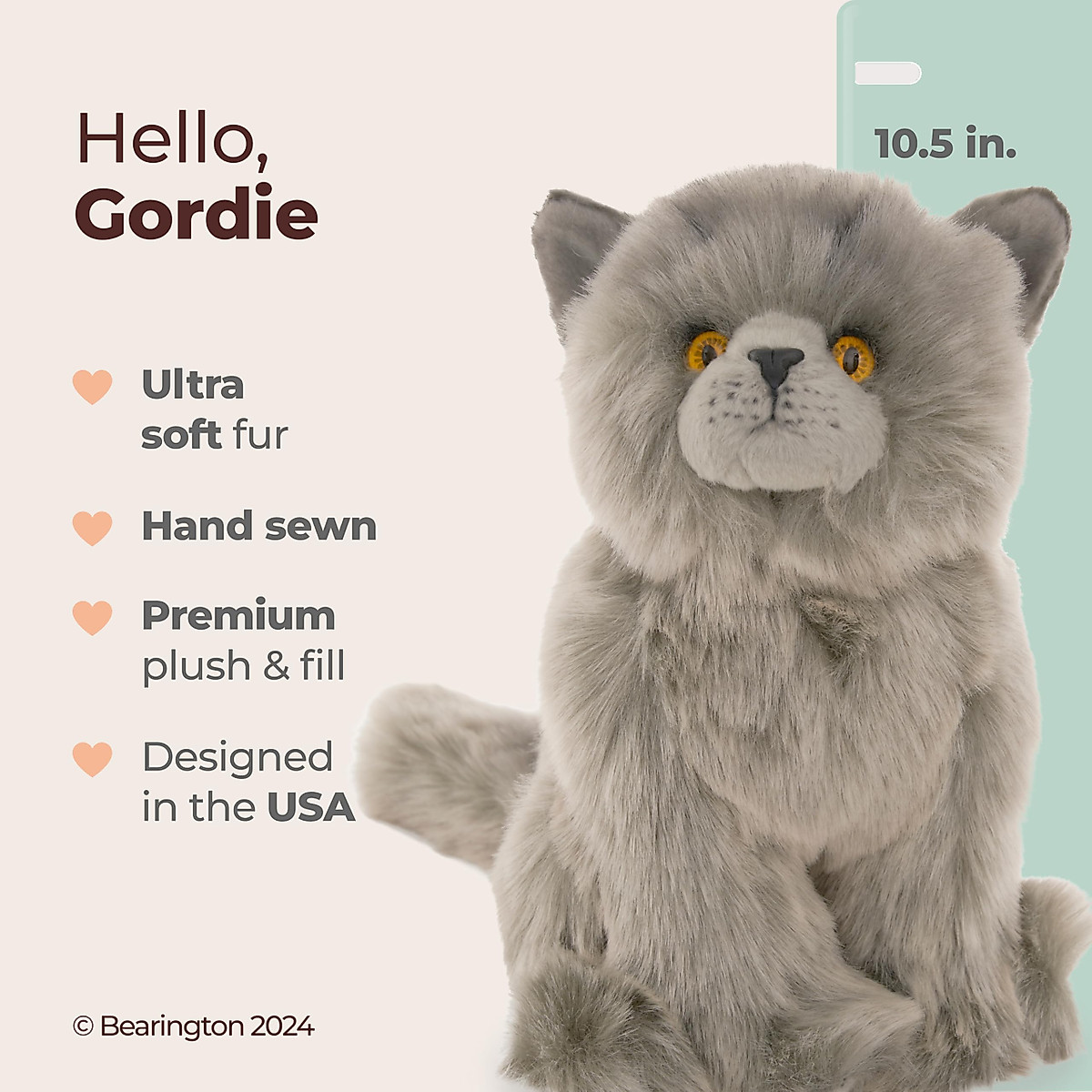 Bearington Gordie The Grey Cat Plush, 10.5 Inch Grey Cat Stuffed Animal