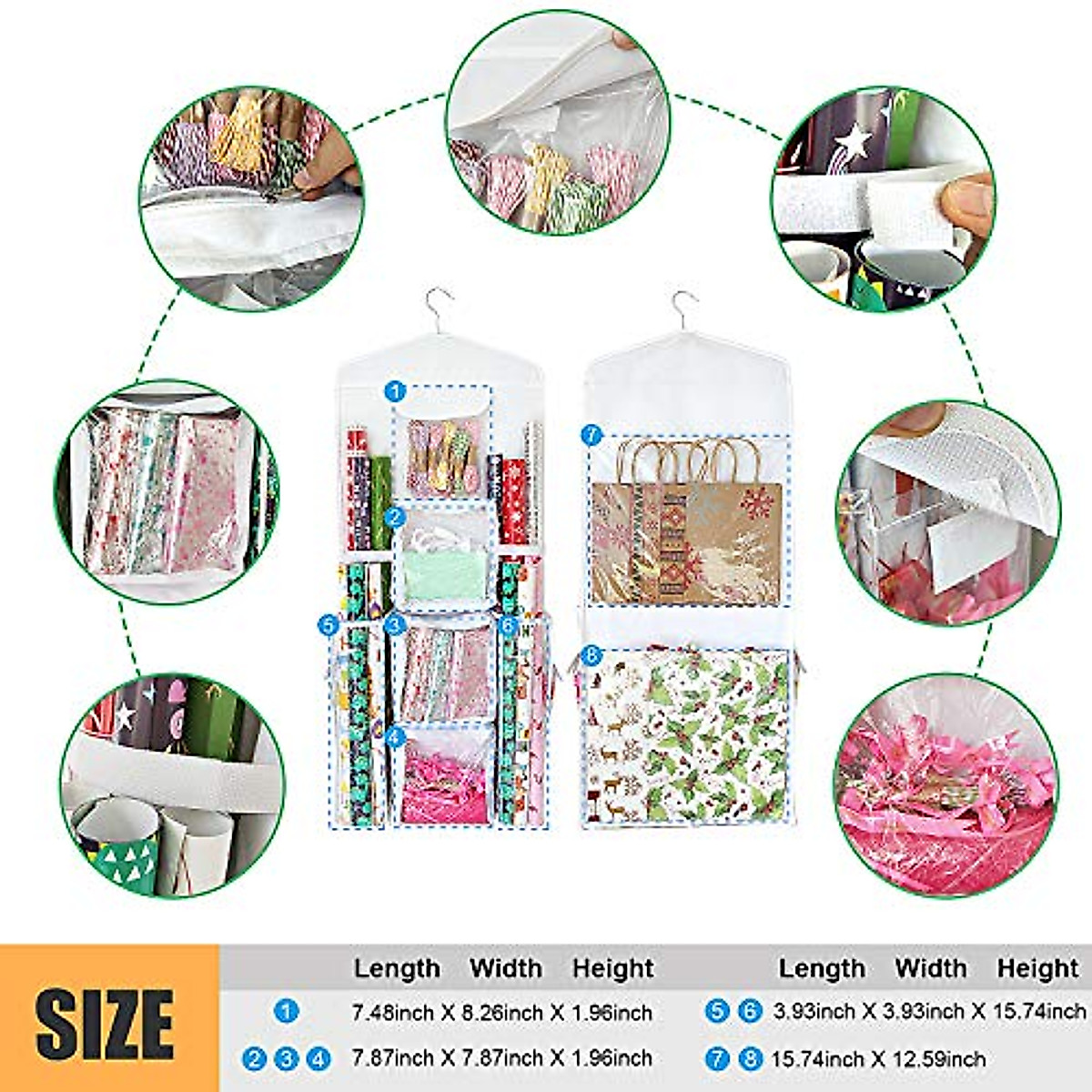 SumDirect White 16x40 Inch Double Sided Hanging Gift Wrap Organizer, Wrapping Paper Gift Bag Storage