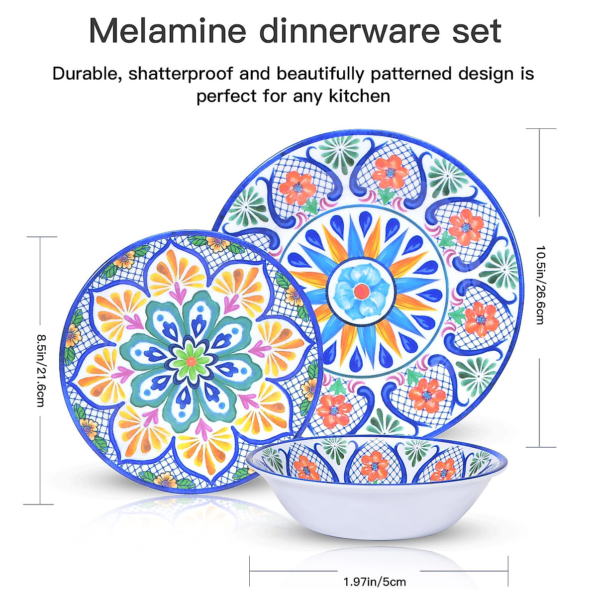 Melamine Dinnerware sets: Bisphenol A-free,Dishwasher Safe dinnerware sets,Non-breakable melamine plates,Service for 4 (12pcs) plates and bowls sets Ideal for indoors and outdoors Picnic, Camping.