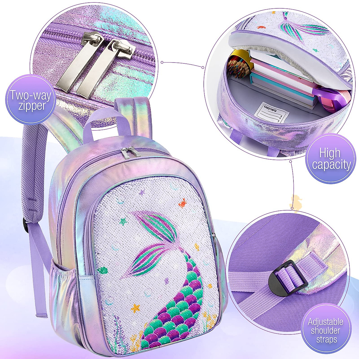 WAWSAM Mermaid Kids Backpack - Sparkly Sequins Backpack for Girls Purple School Bag Personalized 15” Backpack for School Elementary Travel Casual Book Bag for Christmas Birthday Back to School Gift