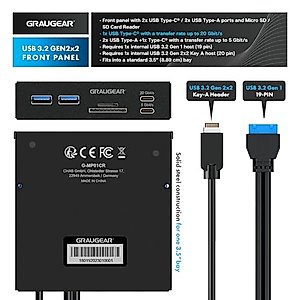 GRAUGEAR 3.5 Inch Front Panel USB C Hub, SD/microSD Internal Card Reader, 20Gbps USB 3.2 Gen 2x2, 20-pin Type-E Key-A Header & USB3.0 Header & 15-Pin SATA Power Connector Required [G-MP01CR]