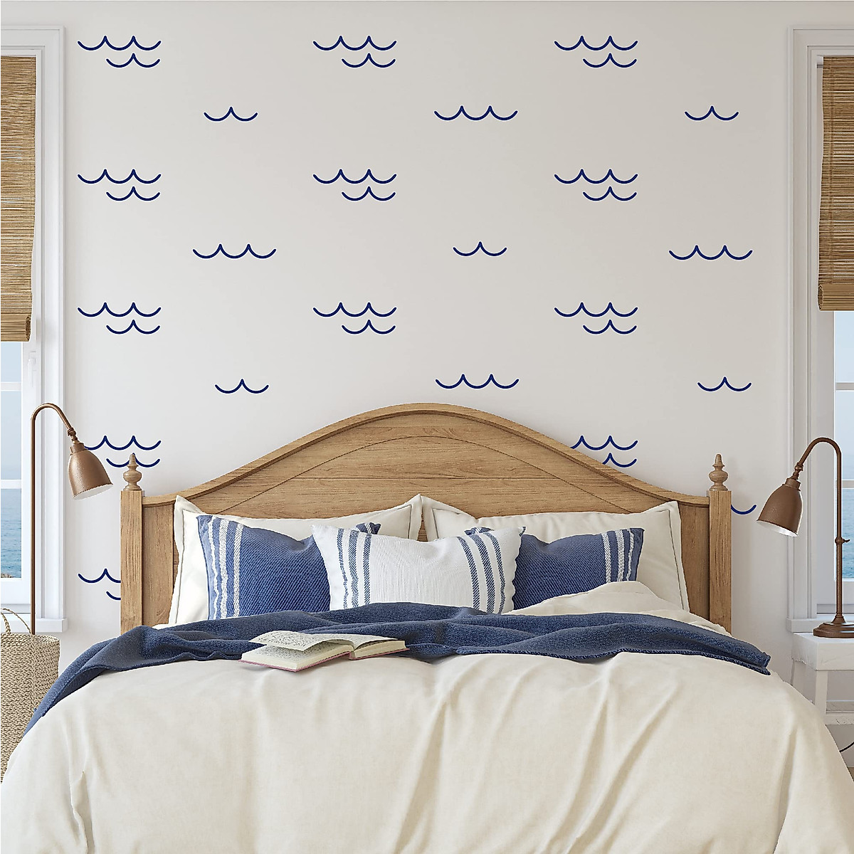 A Room with Dark Blue Wave Vinyl Wall Decals, Peel and Stick Ocean Beach Stickers for Nursery, Kids Bedroom Livingroom Home Wall Decor