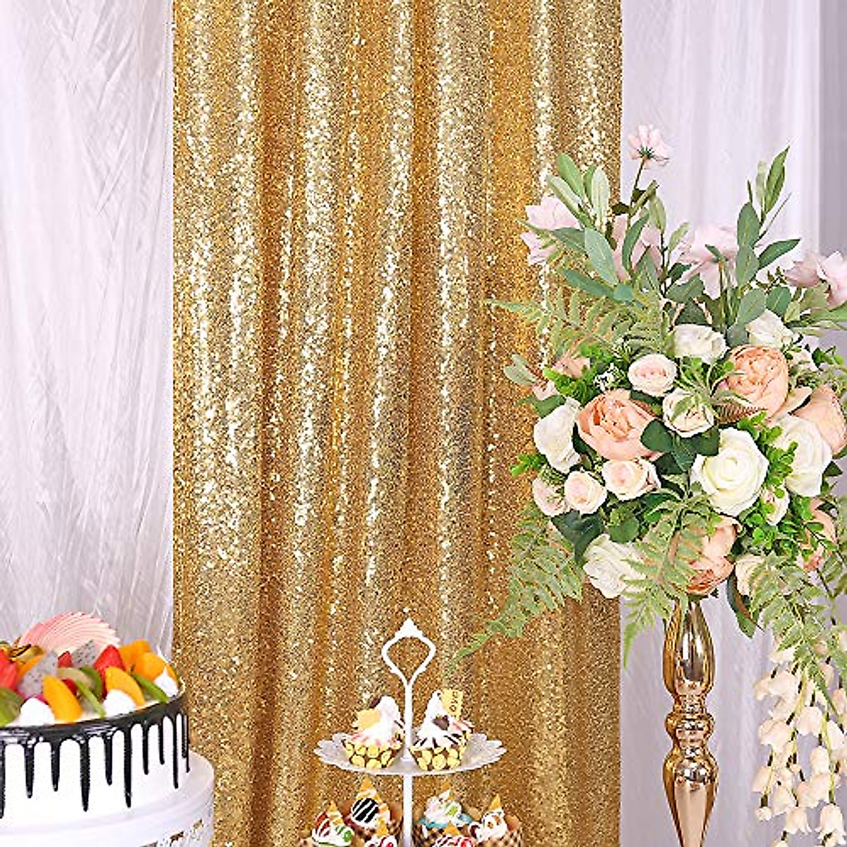 KNGKILQN Gold Sequin Backdrop Curtain - 2 Panels 2.2x8FT Gold Glitter Backdrop Party Photo Sequin Curtains Wedding Brithday Christmas Sparkle Photography Background