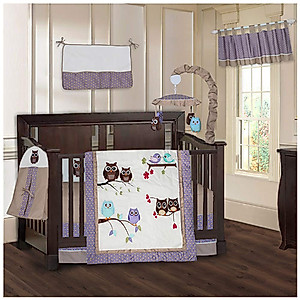 BabyFad Owl Purple 9 Piece Baby Crib Bedding Set 100% Cotton