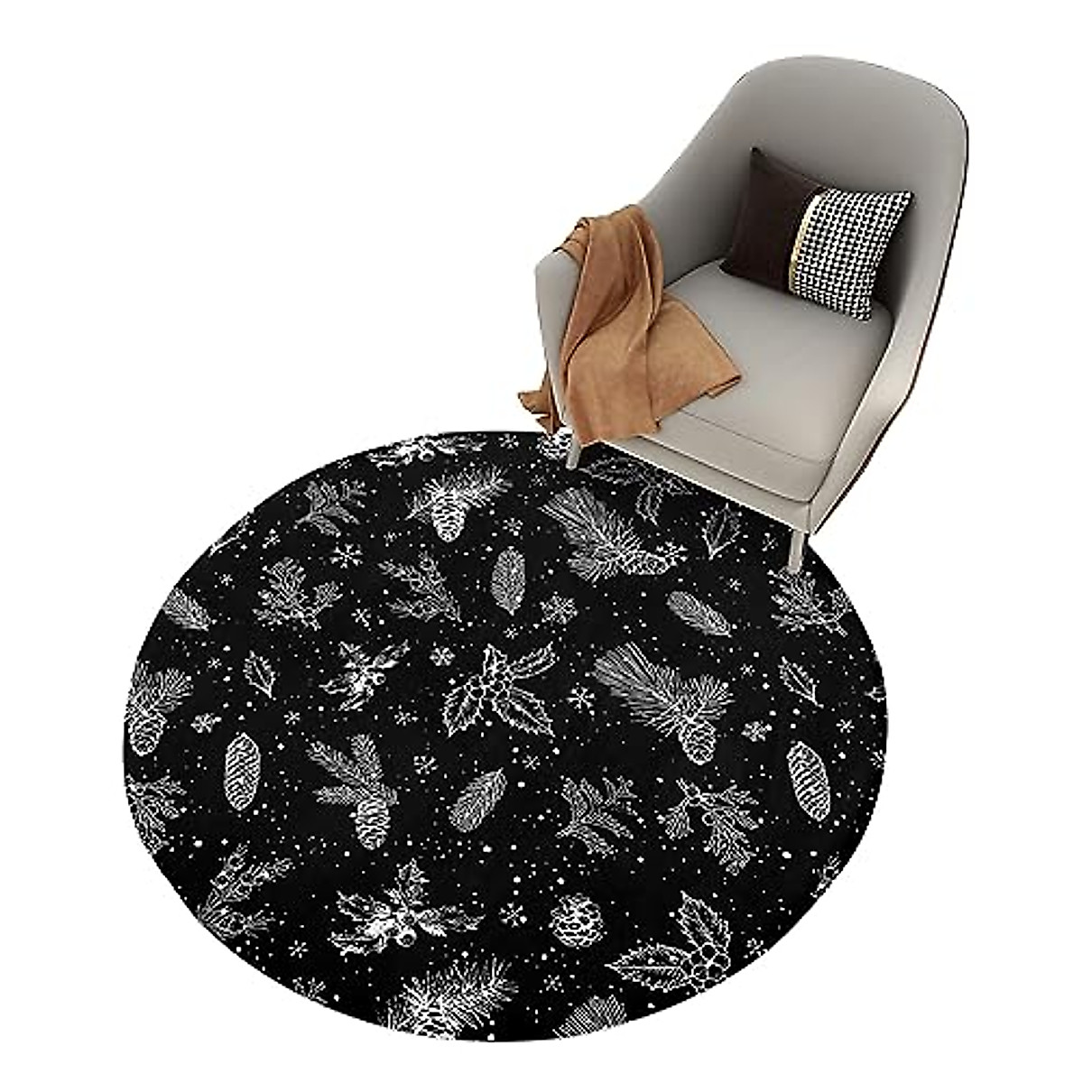 Christmas Flower Fluffy Round Area Rug Carpets 3.3ft, Plush Shaggy Carpet Soft Circular Rugs, Non-Slip Fuzzy Accent Floor Mat for Living Room Bedroom Nursery Decor Black White Pine Tree Leaves Cone