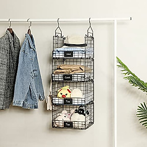 Jautokerdar 4 Tiers Hanging Closet Shelves-Clothes Haning Organizer with Name Plate S Hooks, Wall Mount&Cabinet Wire Storage Basket Bins, for Clothing Sweaters Shoes Handbags Clutches Accessories