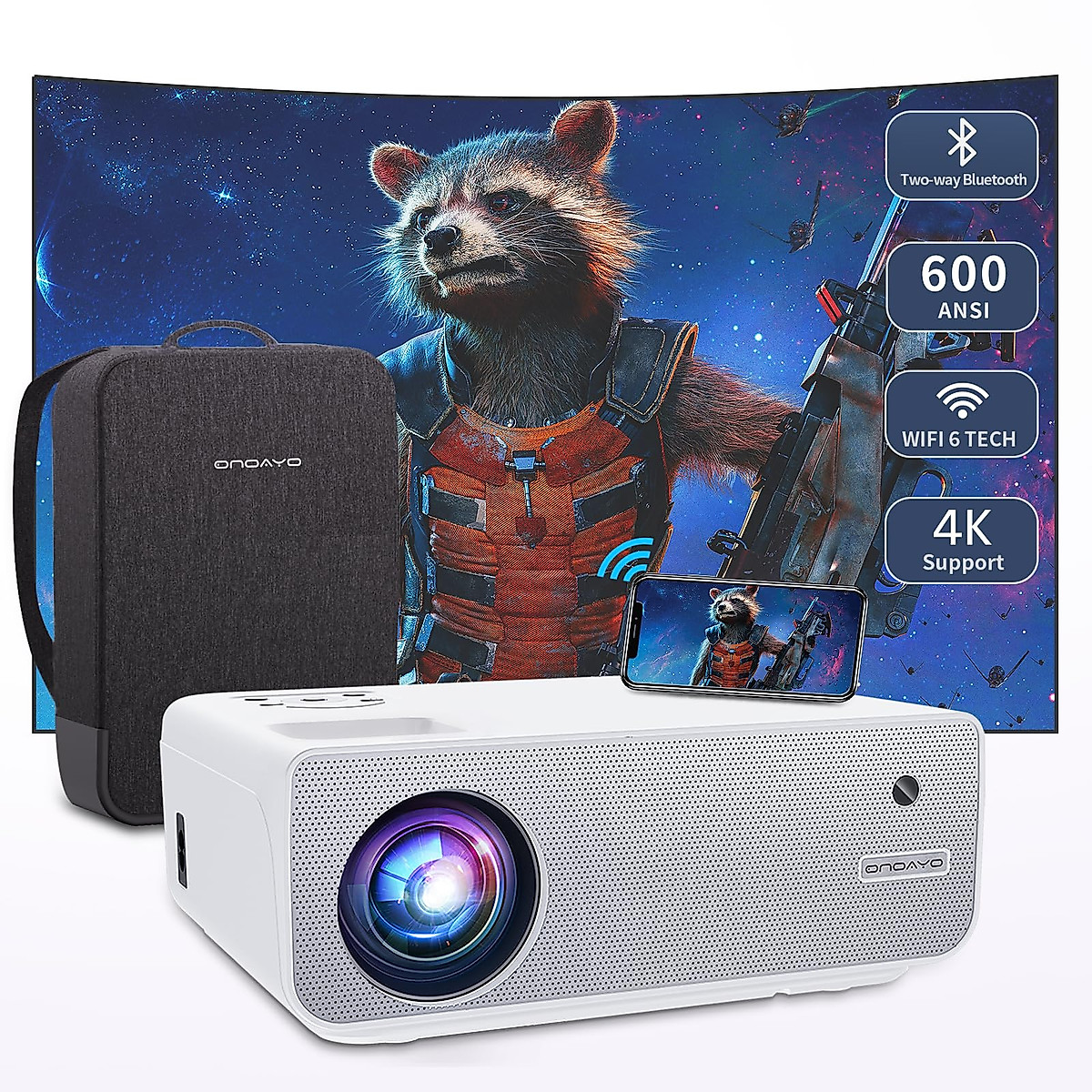 Projector, Outdoor Projector 4K Supported, 600ANSI 20000 LUMENS, ONOAYO 1080P Movie Projector for Outdoor Use with WiFi Bluetooth, Compatible with iOS/Android/PC/PS4/TV Stick/HDMI/USB