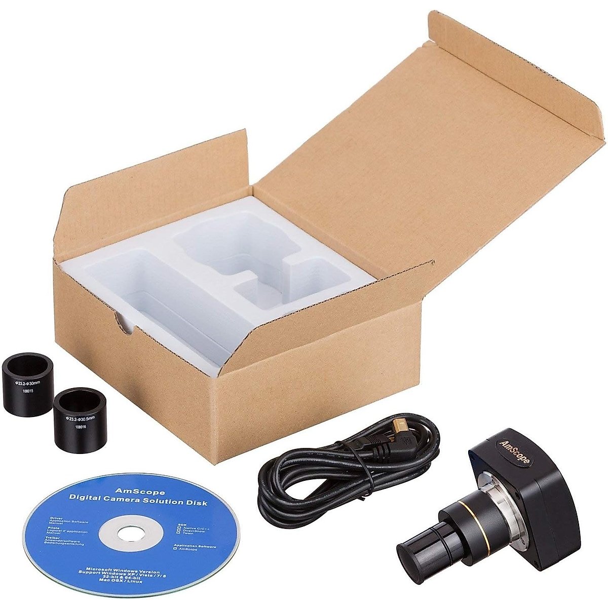 AmScope MU500-PB10 5MP USB Camera for Microscopes + Software + Test Slides, Compatible with Windows XP/Vista/7/8 and Mac OS 10.6 & Up