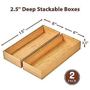 Bamboo Kitchen Drawer Organizer Boxes with Anti-Skid Silicone Feet, 2pcs Stackable Storage Bins for Kitchen Utensils & Silverware & Desk Drawer & Makeup, Tools Holder, 15”L x 6”W x 2.5”D Each