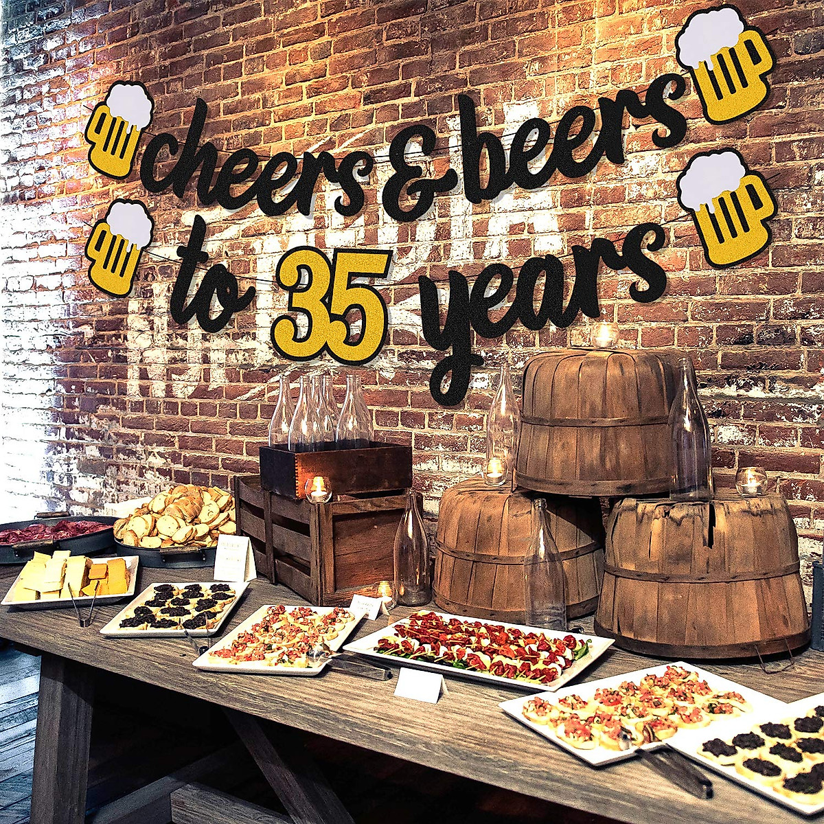 Cheers 35 Years Banner 35th Birthday Decorations for Men Women Him Her 35s Happy Birthday Theme Wedding Anniversary Party Supplies Black Sparkle Decorations Pre-strung