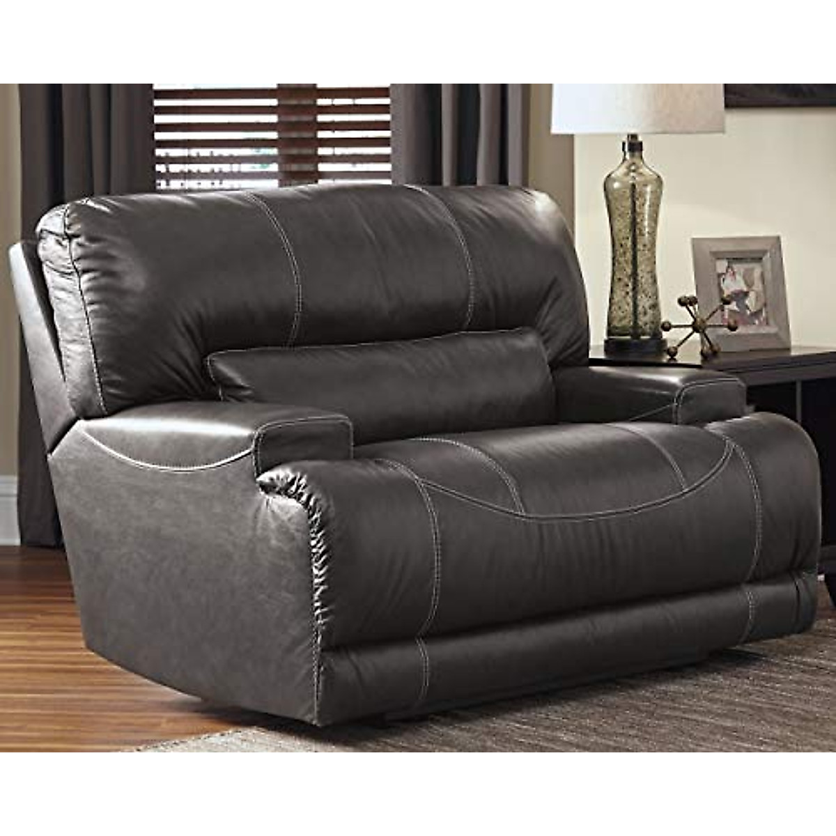 Signature Design by Ashley McCaskill Leather 2 Seat Oversized Manual Reclining Sofa, Dark Gray