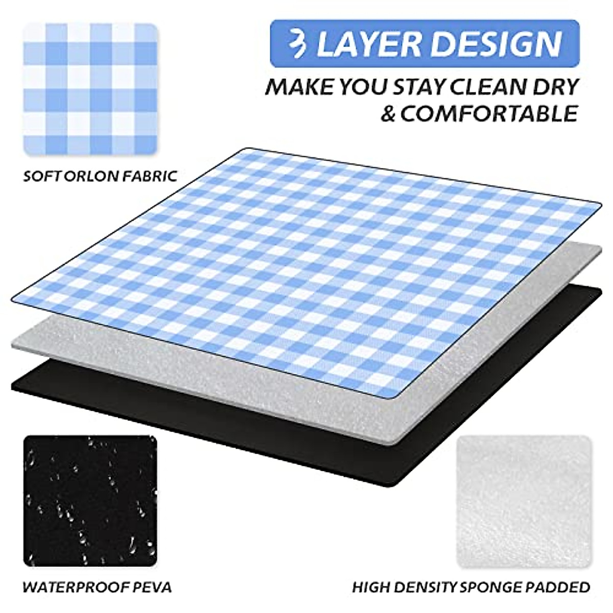 MontoSun Large 59x79'' Picnic Blankets Handy Beach Picnic Blanket Outdoor Lawn Mat 3 Layered Blanket Waterproof Foldable Beach Blanket Sandproof for Camping,Travelling,Hiking (Sky Blue Gingham)