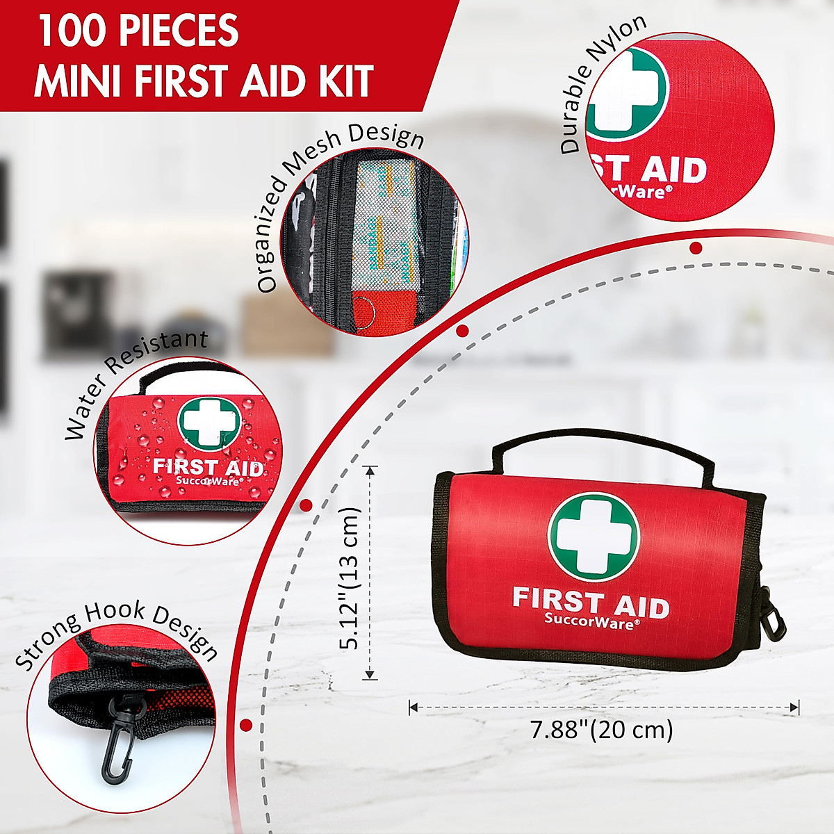 SuccorWare Small First Aid Kit - 100 Piece - Mini First Aid Kit for Home, Camping, Hiking, Backpacking, Travel, Vehicle, Outdoors - Emergency & Medical Supplies