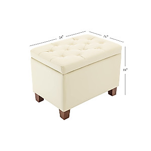 Wovenbyrd Classic 24-Inch Wide Rectangular Tufted Storage Ottoman Footstool with Hinged Lid, Cream Faux Leather