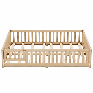 DNYN Full Size Floor Bed for Kids Bedroom,Solid Wood Bedframe w/Door/Safety Guardrails/Wood Slat Support/Easy Assemble/Space Saving Design/No Box Spring Needed, Natural