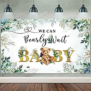 Tegeme We Can Bearly Wait Bear Backdrop Baby Shower Birthday Decorations Greenery Gold Bear Banner Watercolor Green Leaves Multicolor 70.8 x 43.3 inches Tegeme-Backdrop-05 0