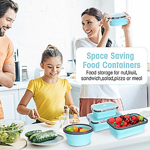 Yaomiao 16 Pack Collapsible Food Storage Containers with Lid Foldable 8 Pcs Rectangle Storage Bowl and 8 Pcs Round Silicone Food Bow for Lunch Rv Accessories Microwave Freezer Safe(Gray, Blue)