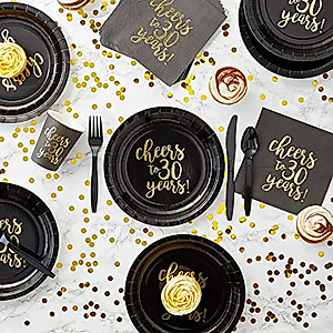 144-Piece Cheers to 30 Years Plates, Napkins, Cutlery, and Cups for Black and Gold 30th Birthday Party Supplies, Anniversary Decorations (Serves 24)