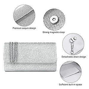 OSDUE Evening Bag Clutch Purses for Women, Glitter Evening Bag, Sparkling Envelope Evening Bag with Detachable Chain, for Prom, Wedding, Party, Banquet, Date (Silver)