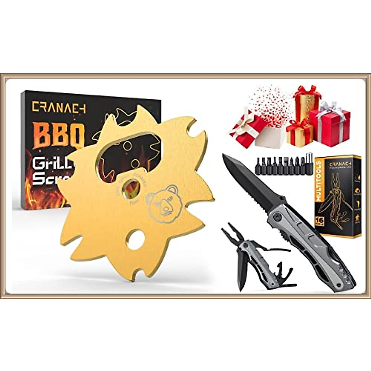 Gifts for Men Grill Scraper BBQ and Multitool 16 Tools Survival Kit - Christmas Stocking Stuffers Women Men