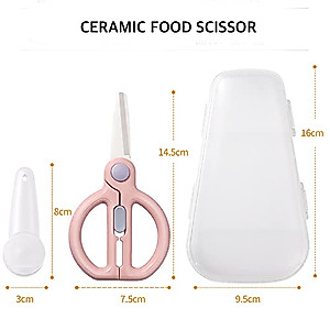 DAMPEN Ceramic Scissors for Baby Food,Portable Baby Food Scissors,Children Safety Food Cutter,with Blade Cover and Travel Case (PINK AND GREEN)