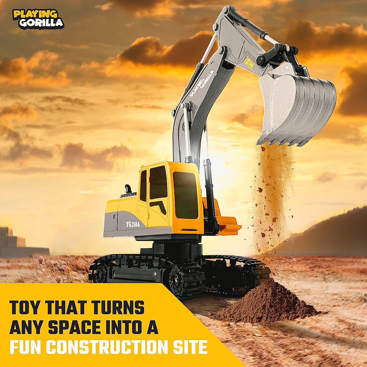 Playing Gorilla Remote Control Excavator Realistic Construction Toy for Boys Age 3 4 5 6 7 8 9 with Extra Rechargeable Batteries - 1:24 Scale Excavator Remote Construction Toys