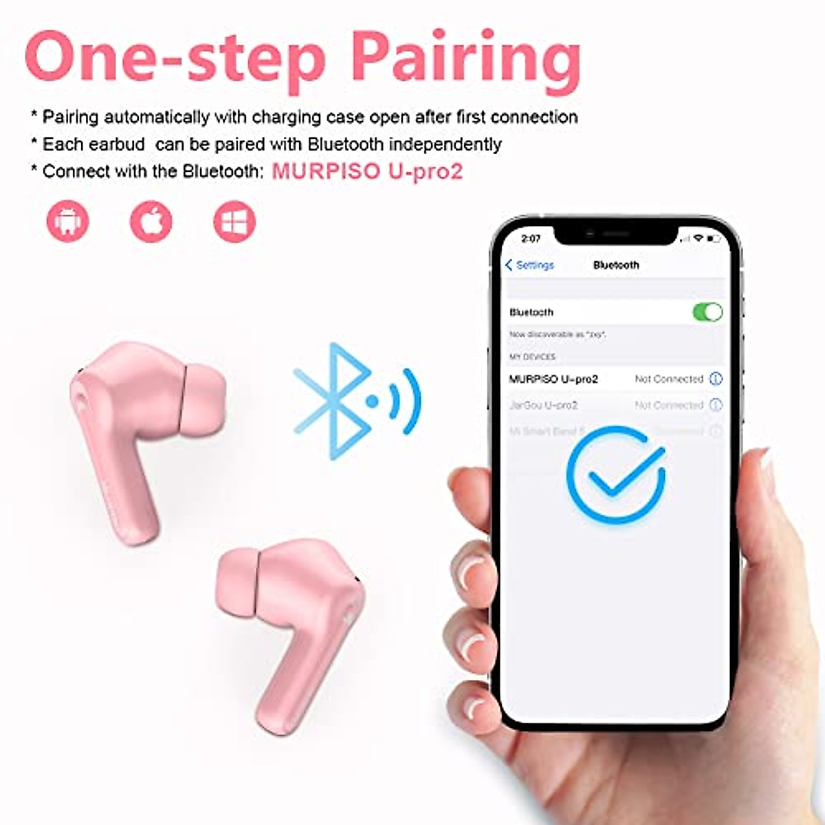 MURPISO Wireless Earbuds, Active Noise Cancelling Bluetooth5.2 Deep Bass Headphones with 4 Mics, 35 Hours Playtime, IPX6 Waterproof Earphones, in-Ear Bluetooth Earbuds for iPhone Android Pink