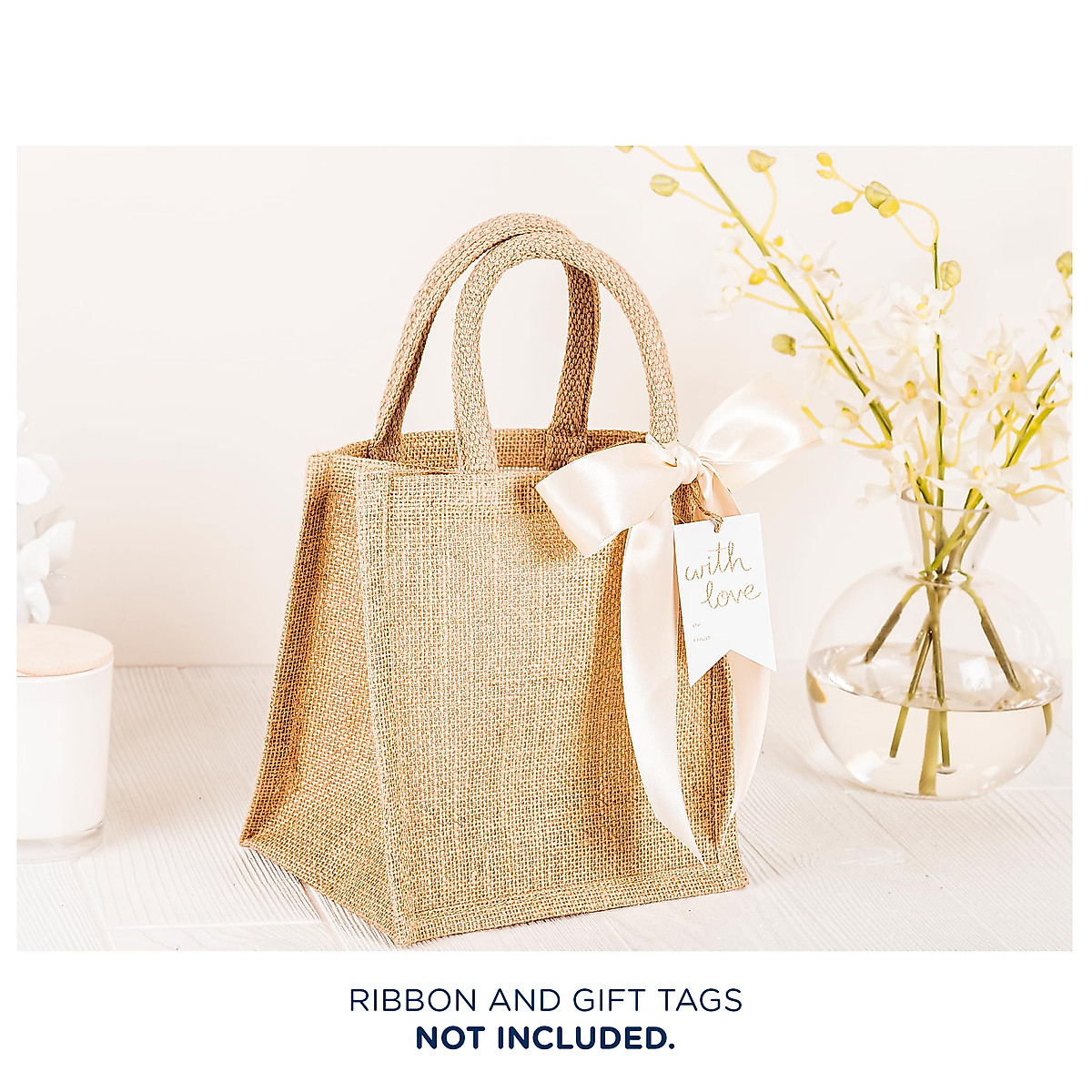 Imagine Color 50 Small Jute Burlap Gift Bags with Handles in Bulk, Burlap Tote, Wedding Welcome Bags, Bridesmaids Gifts, Bachelorette Party Favors Swag bags DIY Reusable 8”x 8”x6