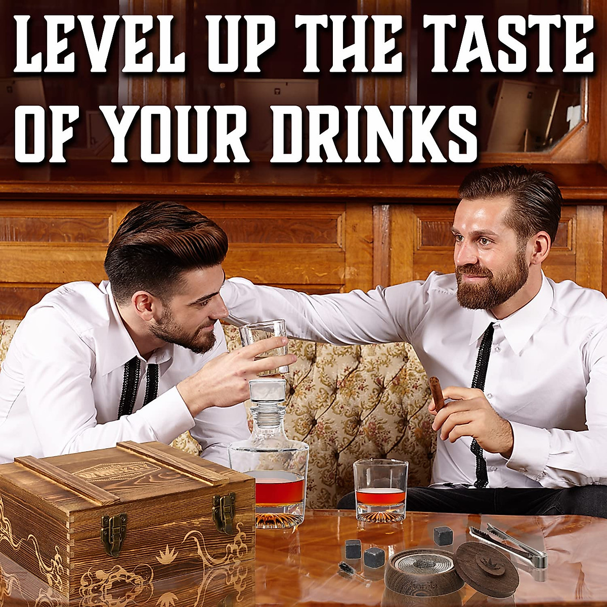 Whiskey Gift Set, 14 pcs - Whiskey Decanter + Wooden Smoker + Old Fashioned Glasses - 2 pcs, in Wooden Box with Wood Chips, Whiskey Stones 6 pcs Included - Gift for Men (Torch Not Included)