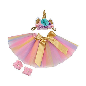 Nishine Toddler Baby Girls Layered Tutu Skirt Dress with Glitter Unicorn Horn Headband Outfit for Birthday Party (Rainbow)