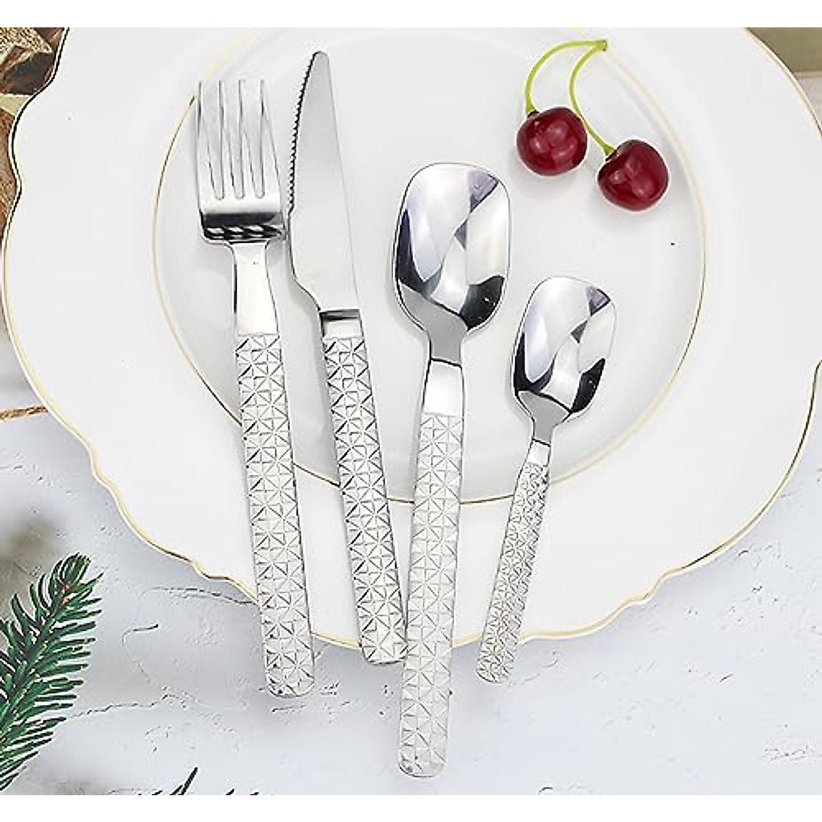 Silverware Set Flatware Cutlery Geometric Hammered Stainless Steel Kitchen Utensils Tableware，Mirror Finished，Service with Steak Knives Dinner Fork Knife Spoon