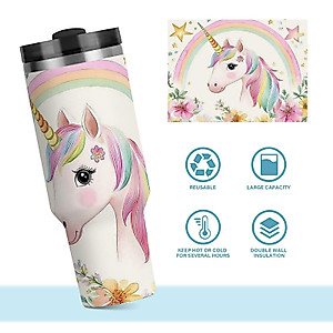 linqin Rainbow Unicorns and Flowers Vacuum Insulated Tumbler with Lid and Straw 40 oz Large Water Bottle Reusable Camp Mug for Home, Office or Car