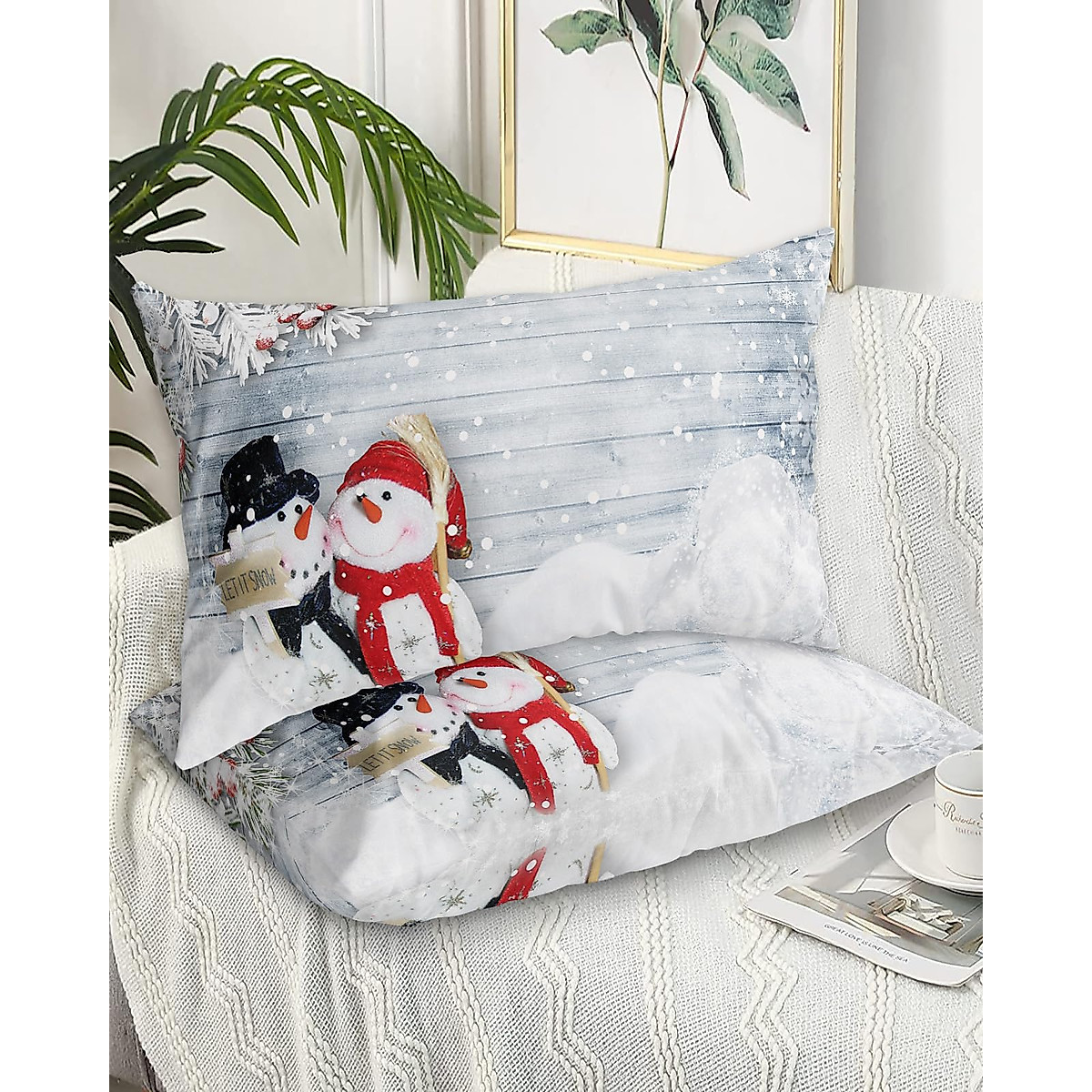 Edwiinsa Farmhouse Snowman Pillow Covers King Standard Set of 2 20x36 Bed Pillow, Plush Soft Comfort for Hair/Skin Cooling Pillowcases with Envelop Closure Throw Covers Christmas Winter Pine Leaves